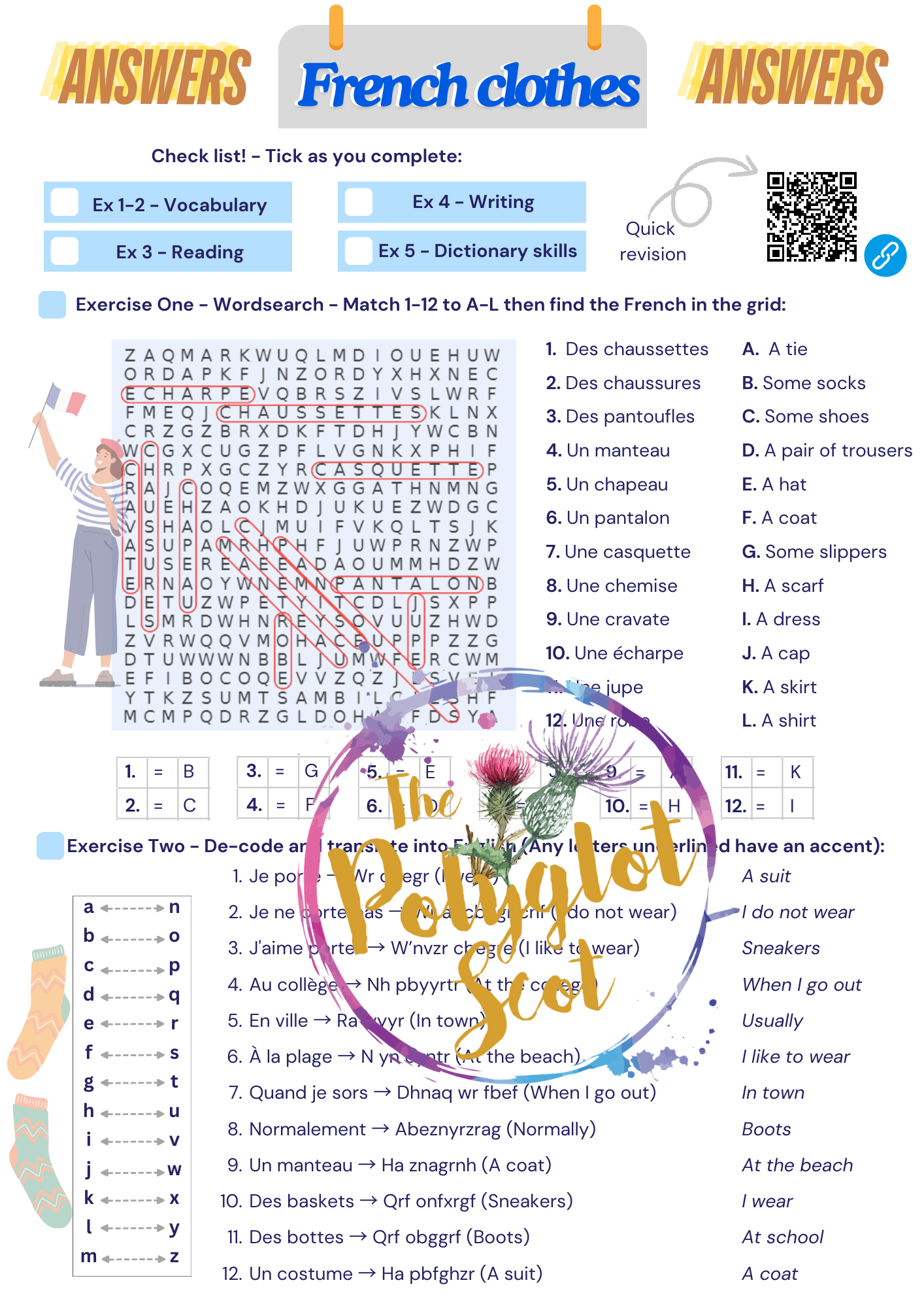 French clothes worksheet (cover lesson/revision/homework) | Teaching ...