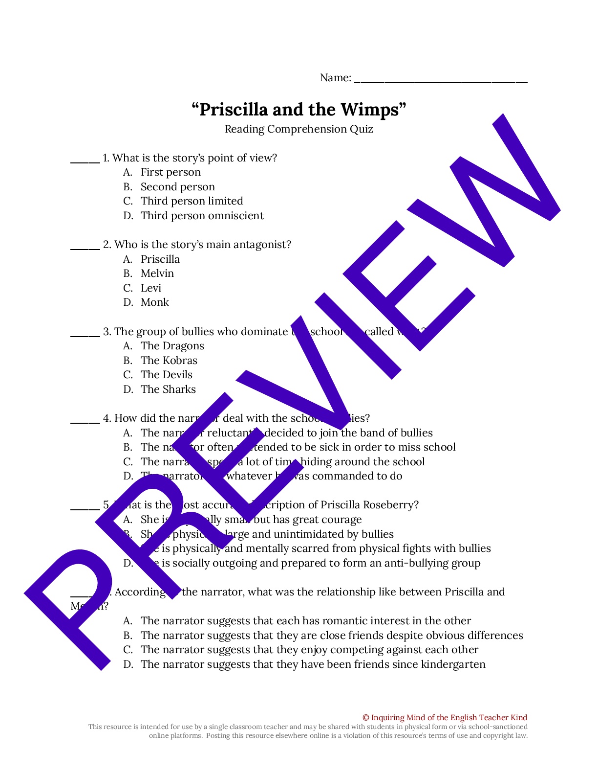 "Priscilla and the Wimps" by Richard Peck Quiz | Teaching Resources