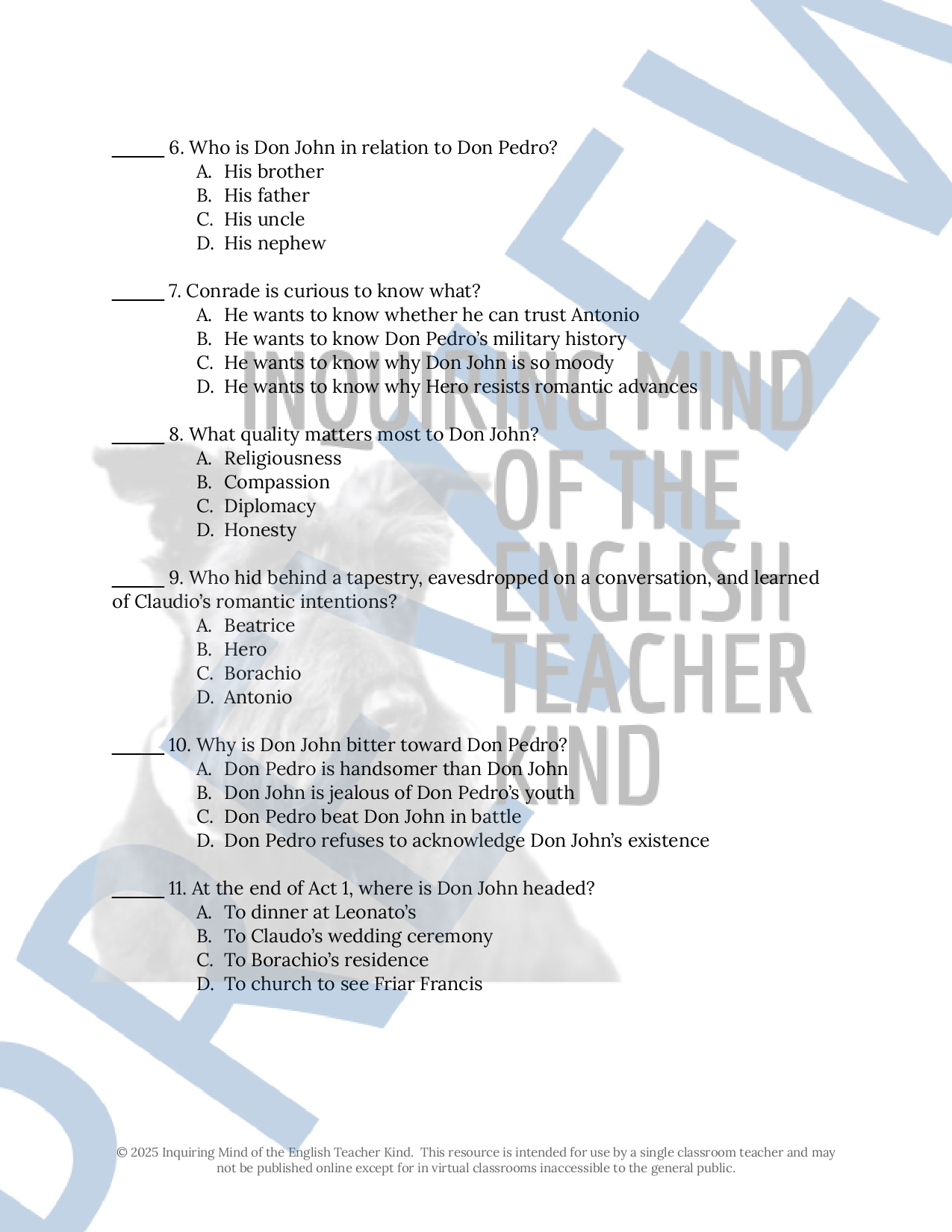 Much Ado About Nothing Act 1 Quiz and Answer Key | Teaching Resources