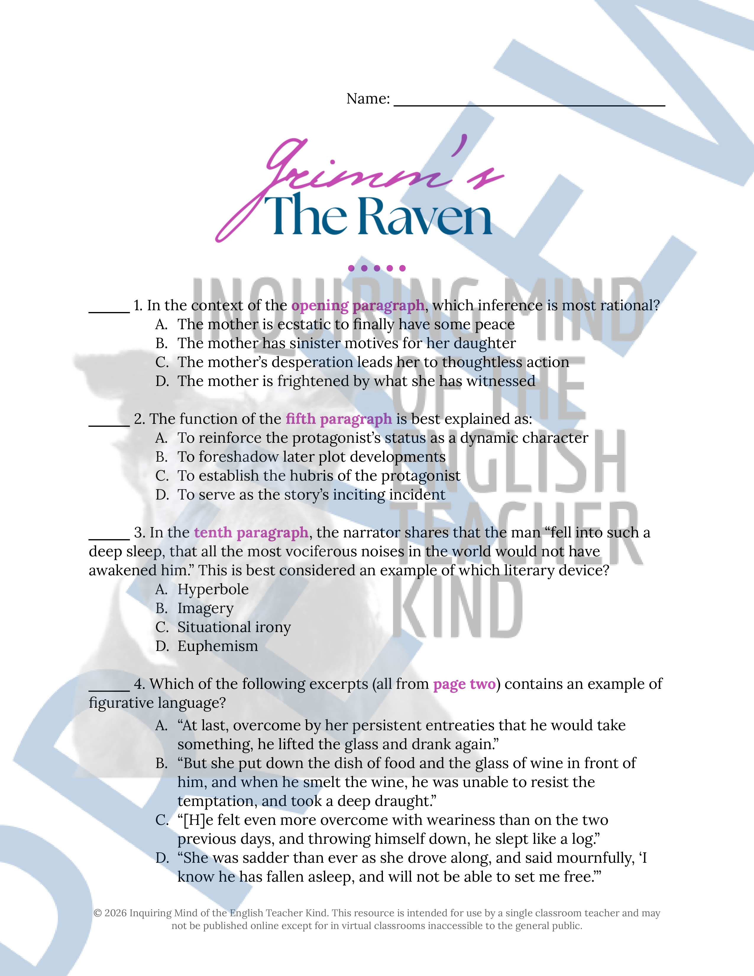 "The Raven" Close Reading Analysis Worksheet | Grimm's Fairy Tale ...