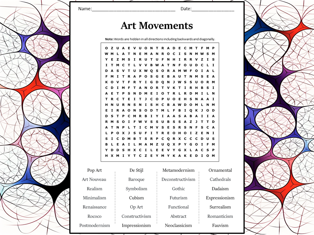 Art Movements Word Search Puzzle Worksheet Activity Teaching Resources