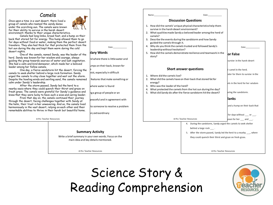 Camels Reading Science Story Comprehension Questions Worksheet ...