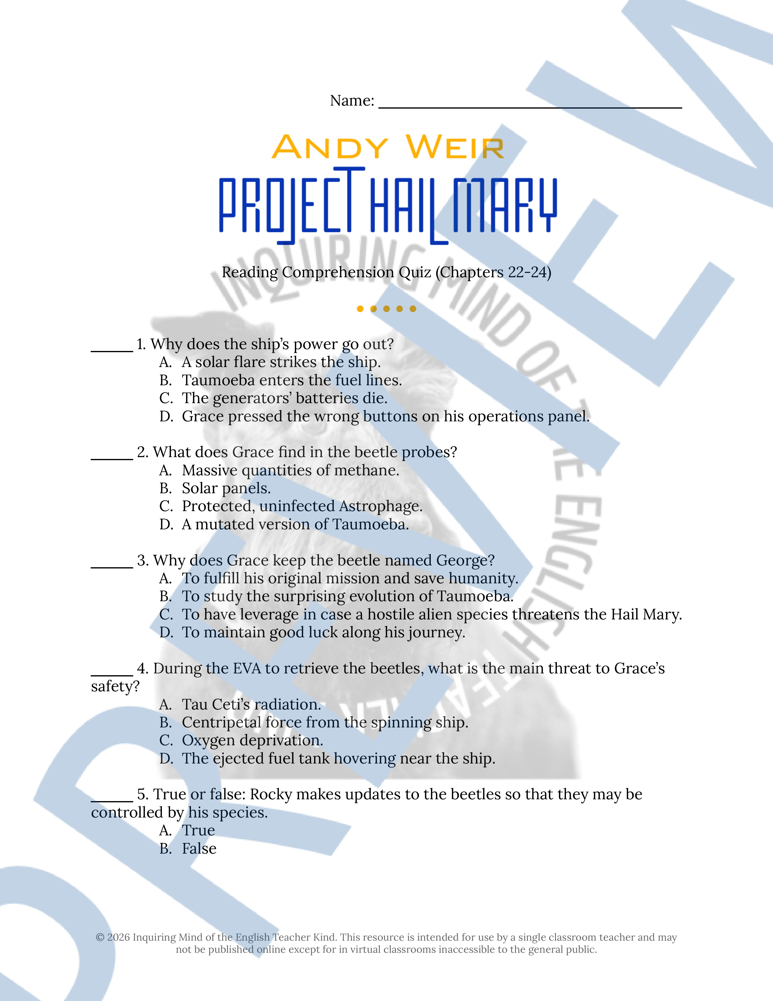 Project Hail Mary Chapters 22, 23, and 24 Quiz and Answer Key | Science ...