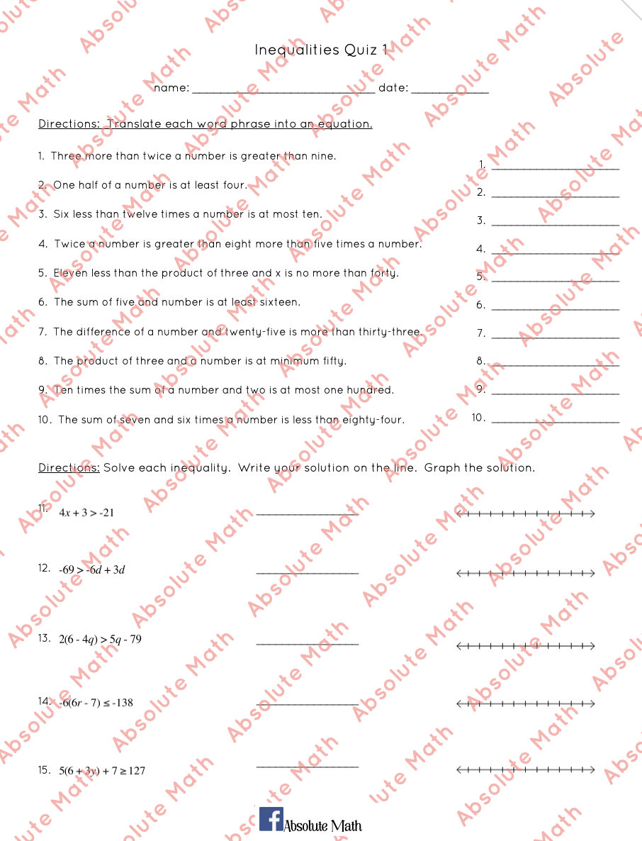 Inequalities Quiz 1 Teaching Resources