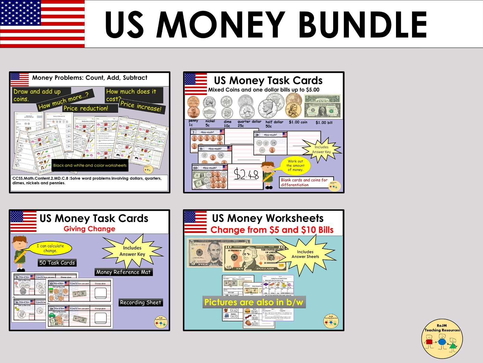 US Money Worksheets Task Cards Bundle | Teaching Resources
