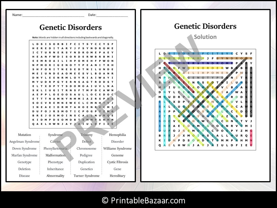 Genetic Disorders Word Search Puzzle Worksheet Activity | Teaching ...