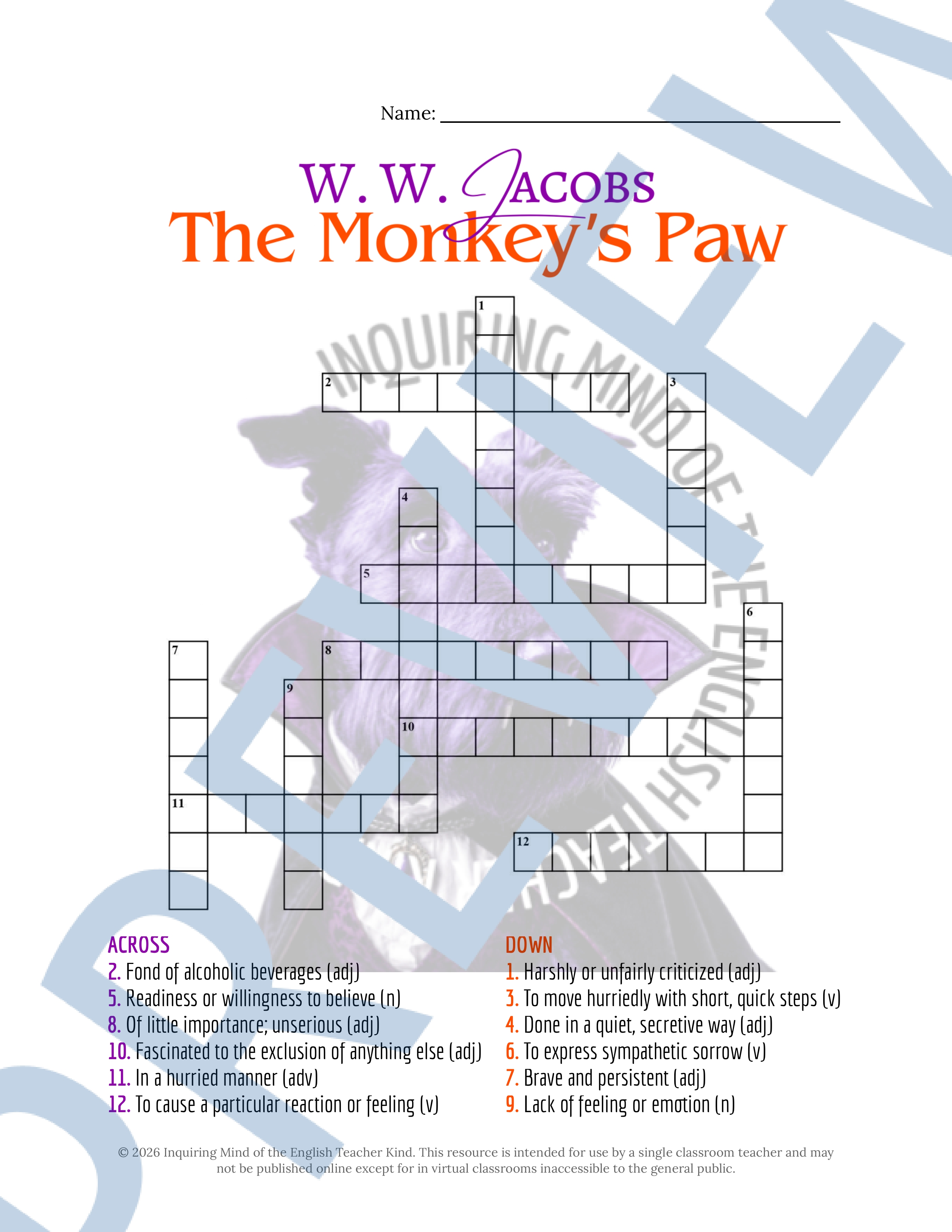 "The Monkey's Paw" Vocabulary Worksheet, Crossword Puzzle, Word Search ...