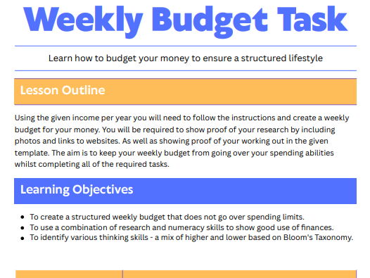 Weekly Budget Task | Teaching Resources