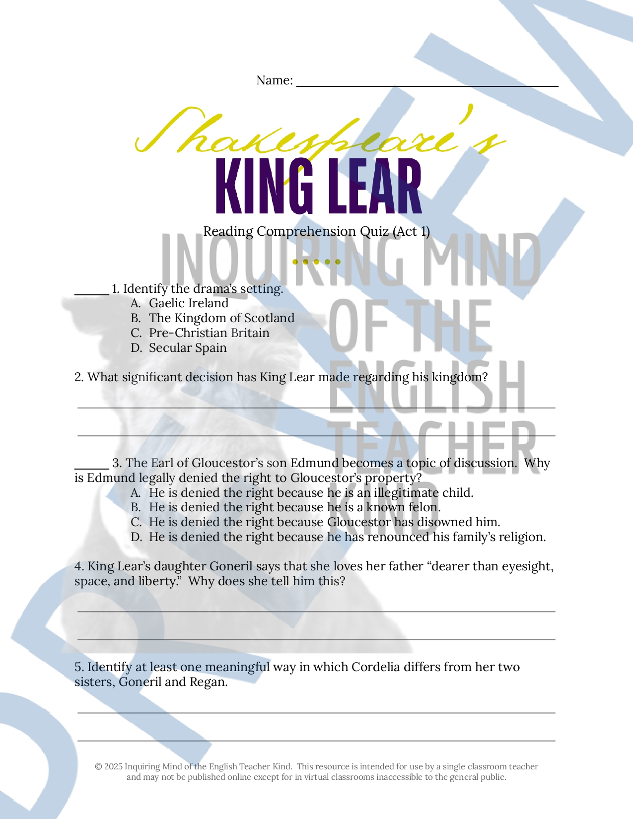 King Lear Act 1 Quiz and Answer Key | Teaching Resources