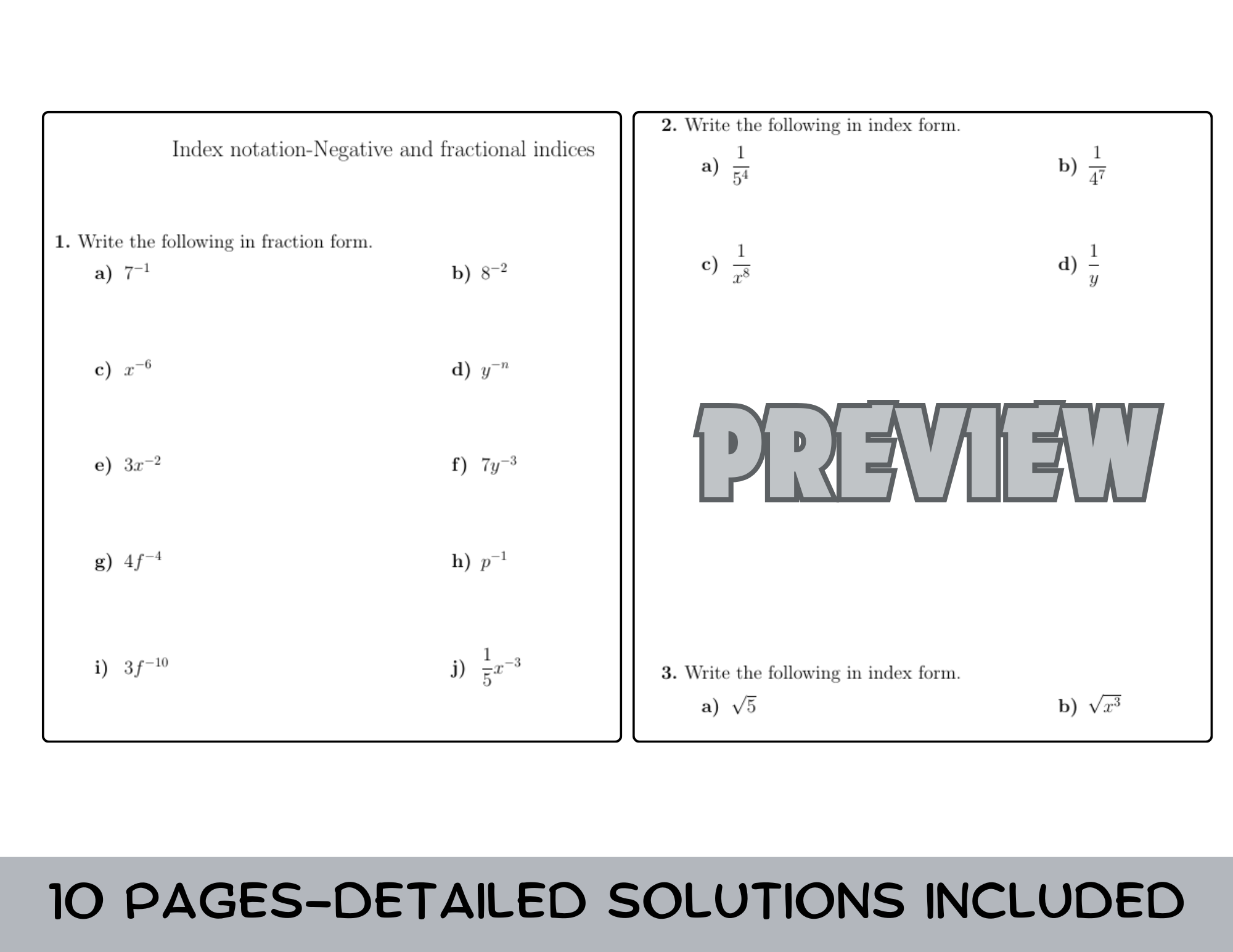 Index notation-Negative and fractional indices worksheet (with ...