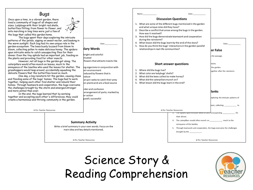 Bugs Reading Science Story Comprehension Questions Worksheet | Teaching ...