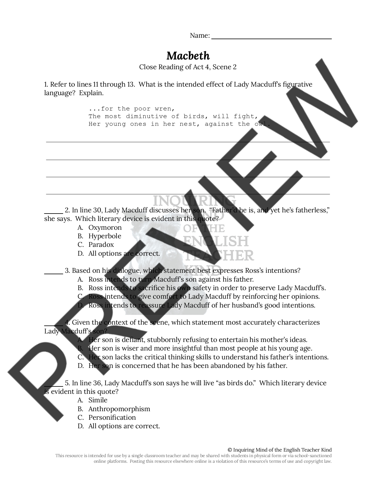 Macbeth Act 4 Scene 2 Close Reading Worksheet | Teaching Resources