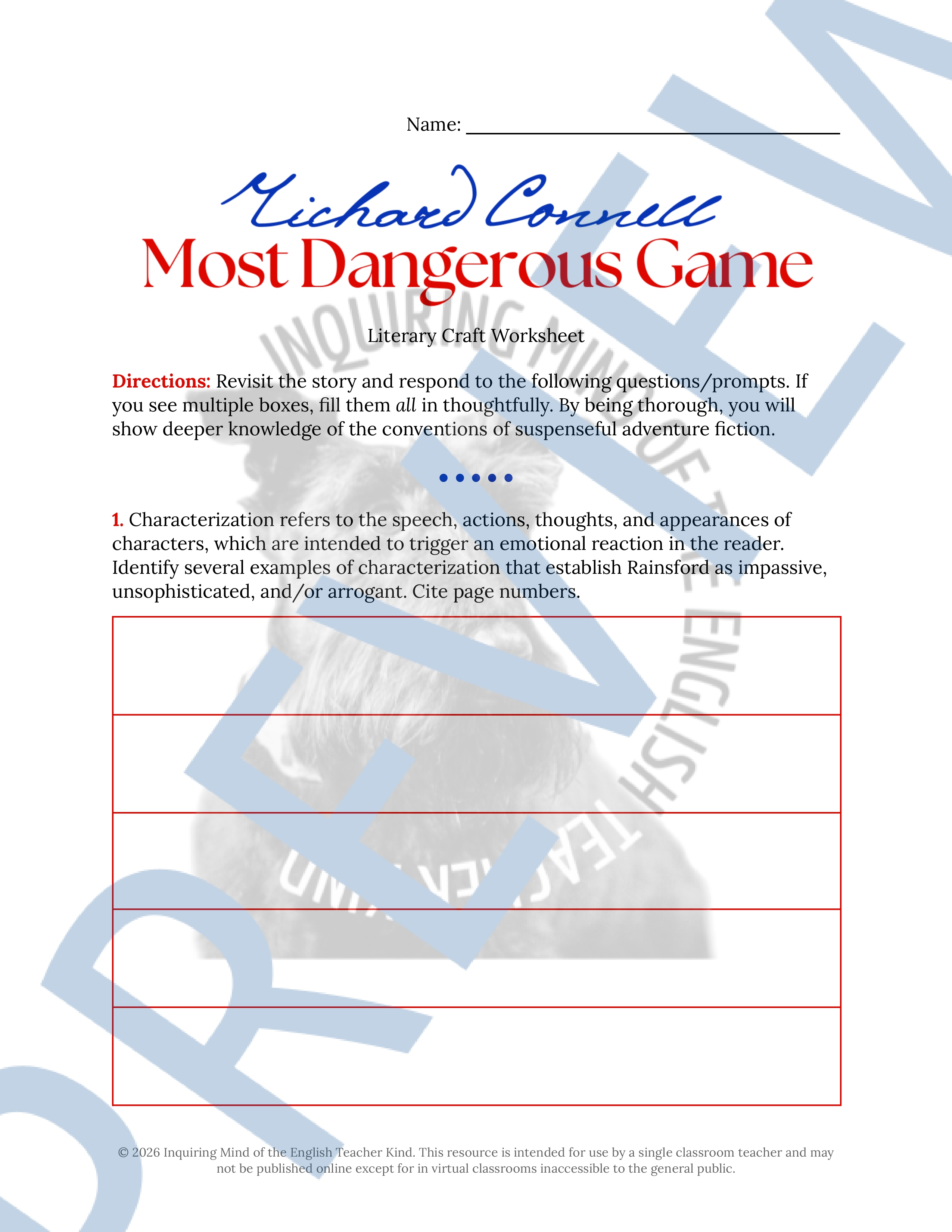 "The Most Dangerous Game" Literary Elements Worksheets | High School ...