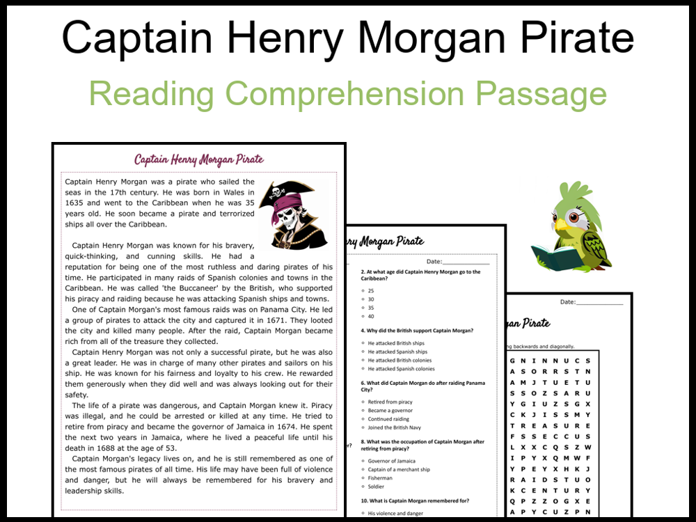 Captain Henry Morgan Pirate Reading Comprehension and Word Search ...