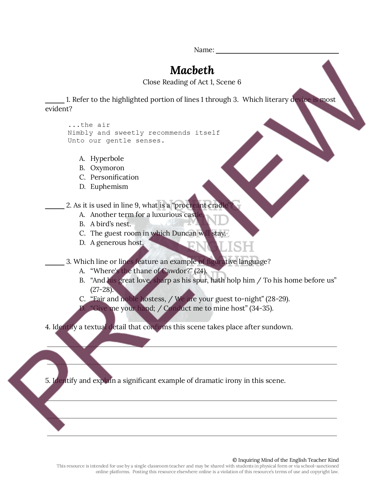 Macbeth Act 1 Scene 6 Close Reading Worksheet | Teaching Resources