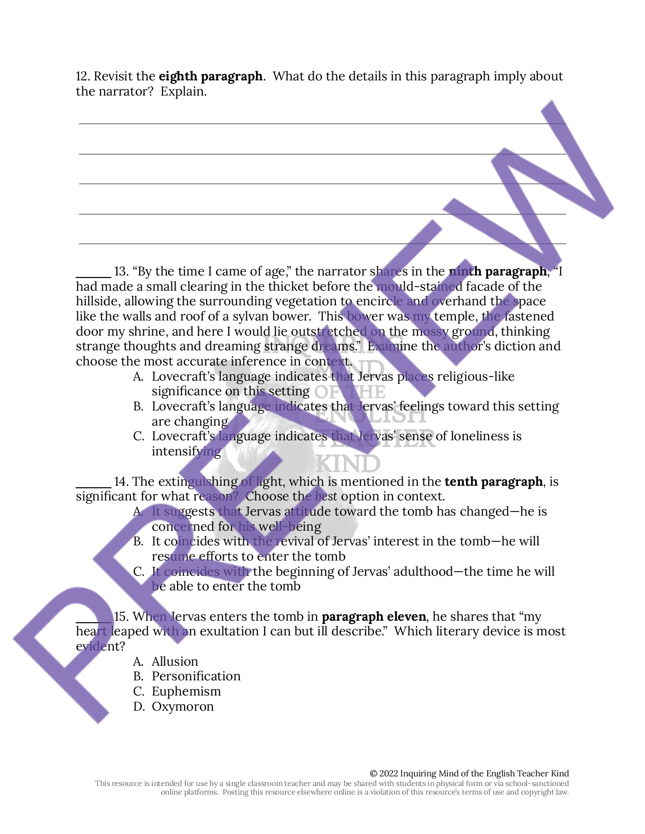 “The Tomb” by H.P. Lovecraft Close Reading Analysis Worksheet ...