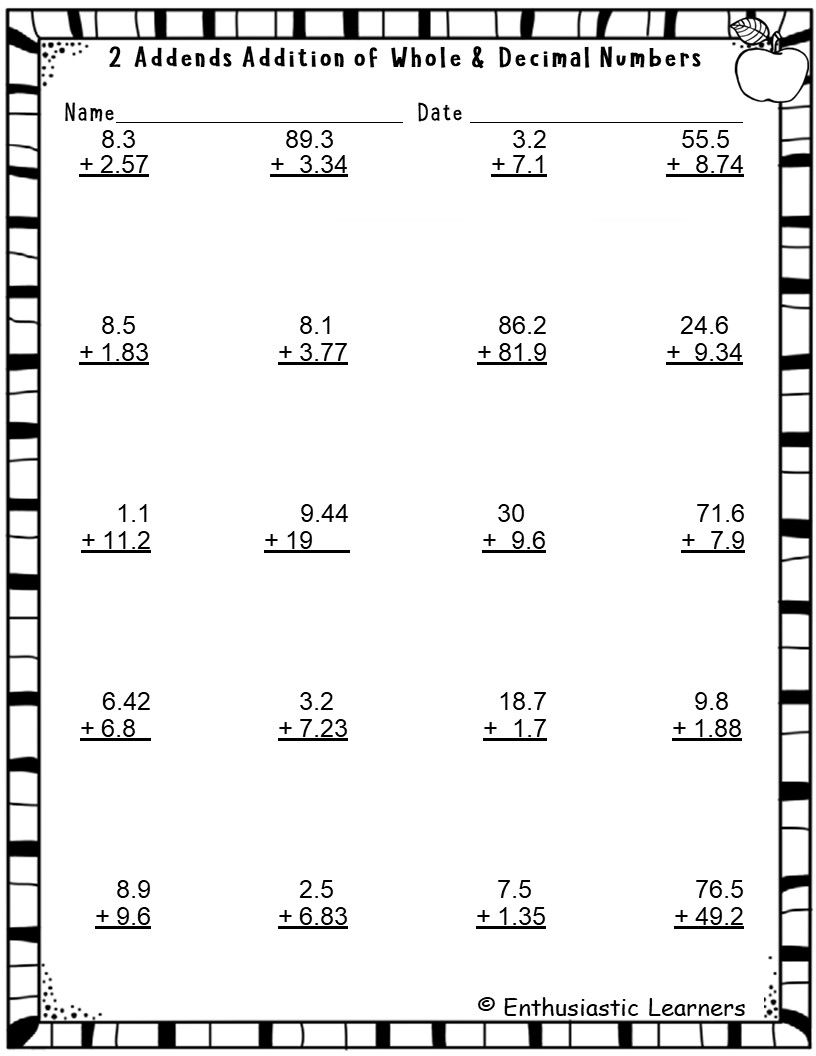2-Digits Decimal Numbers Addition (Whole Numbers with 2-Point Decimal ...
