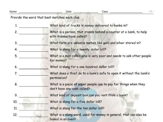 Money Banking Matching Worksheet Teaching Resources Money Banking Matching Worksheet Teaching Resources