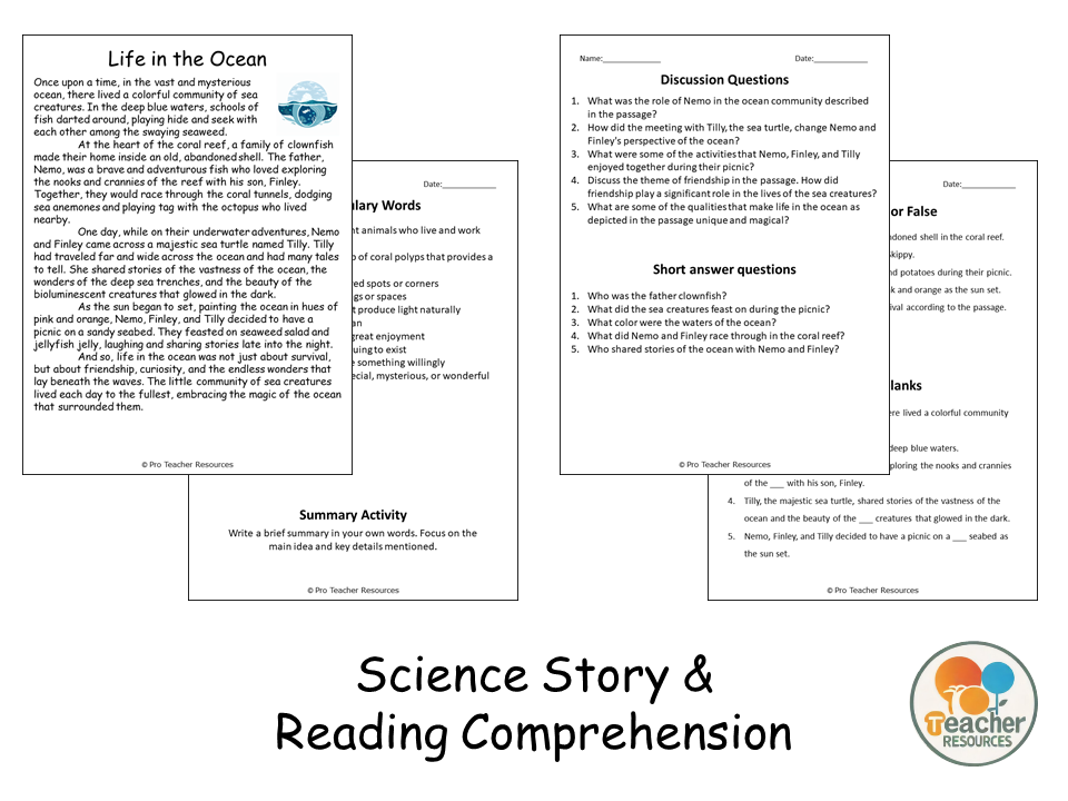 Life in the Ocean Reading Science Story Comprehension Questions ...