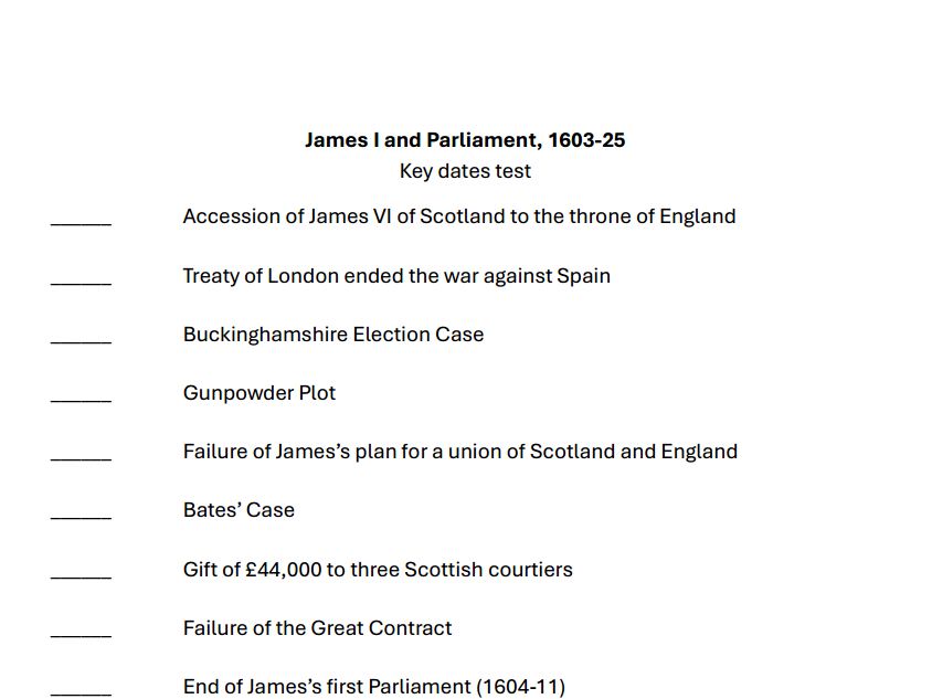 Key dates test - James I and Parliament (OCR A-level history Unit Y108 ...