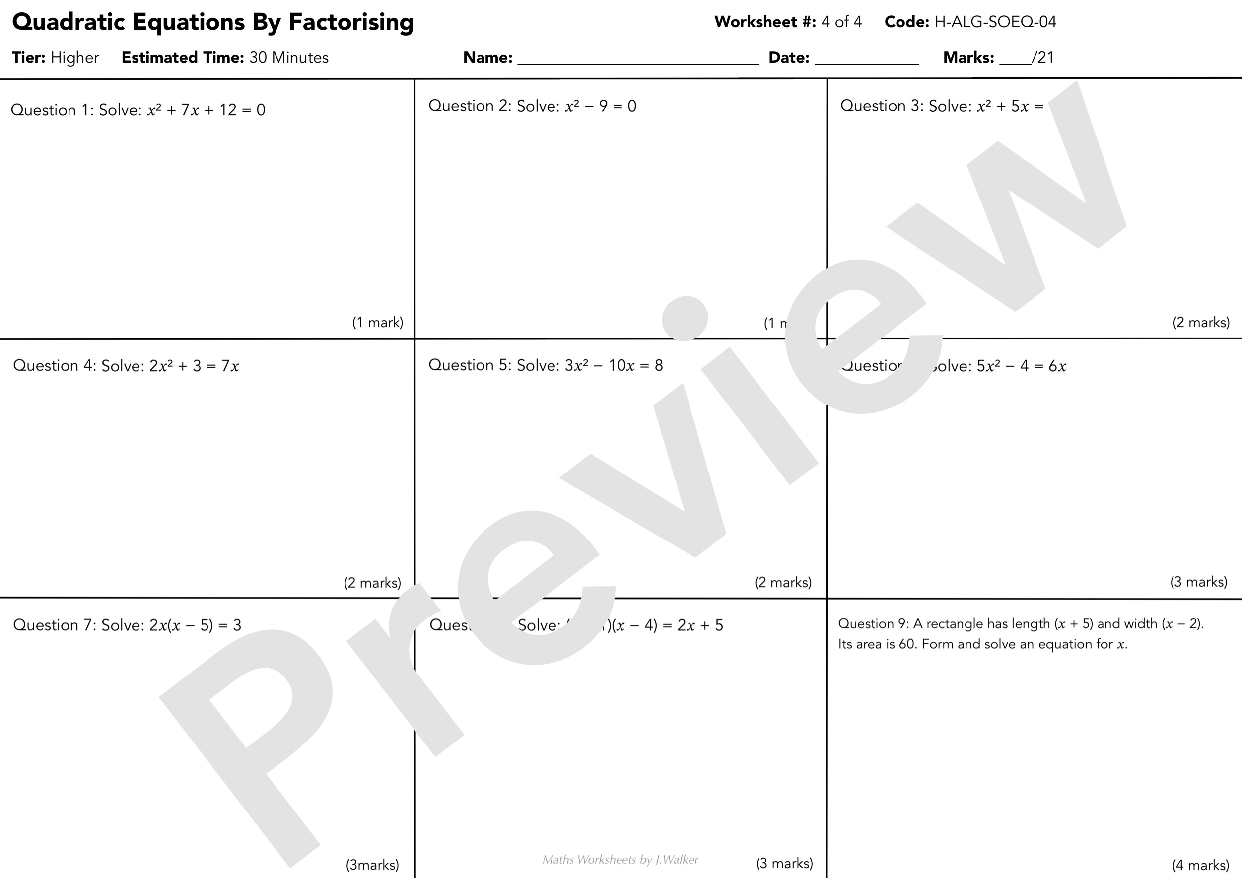 GCSE Maths Worksheet: Quadratic Equations by Factorising - Higher Tier | Teaching Resources