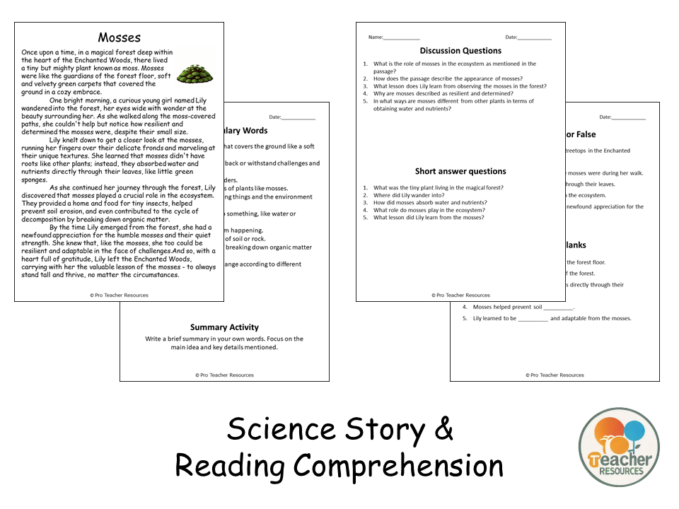 Mosses Reading Science Story Comprehension Questions Worksheet ...
