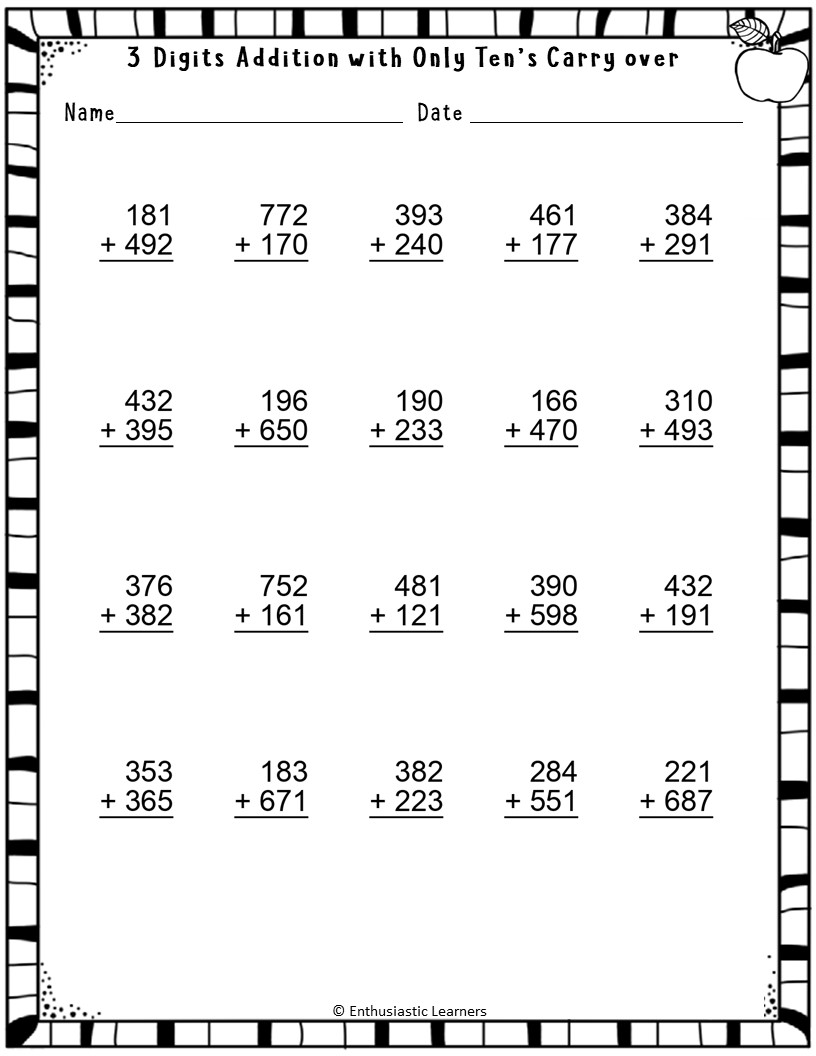 3-Digit Addition with Ten’s Place Carrying (Regrouping) Worksheets ...
