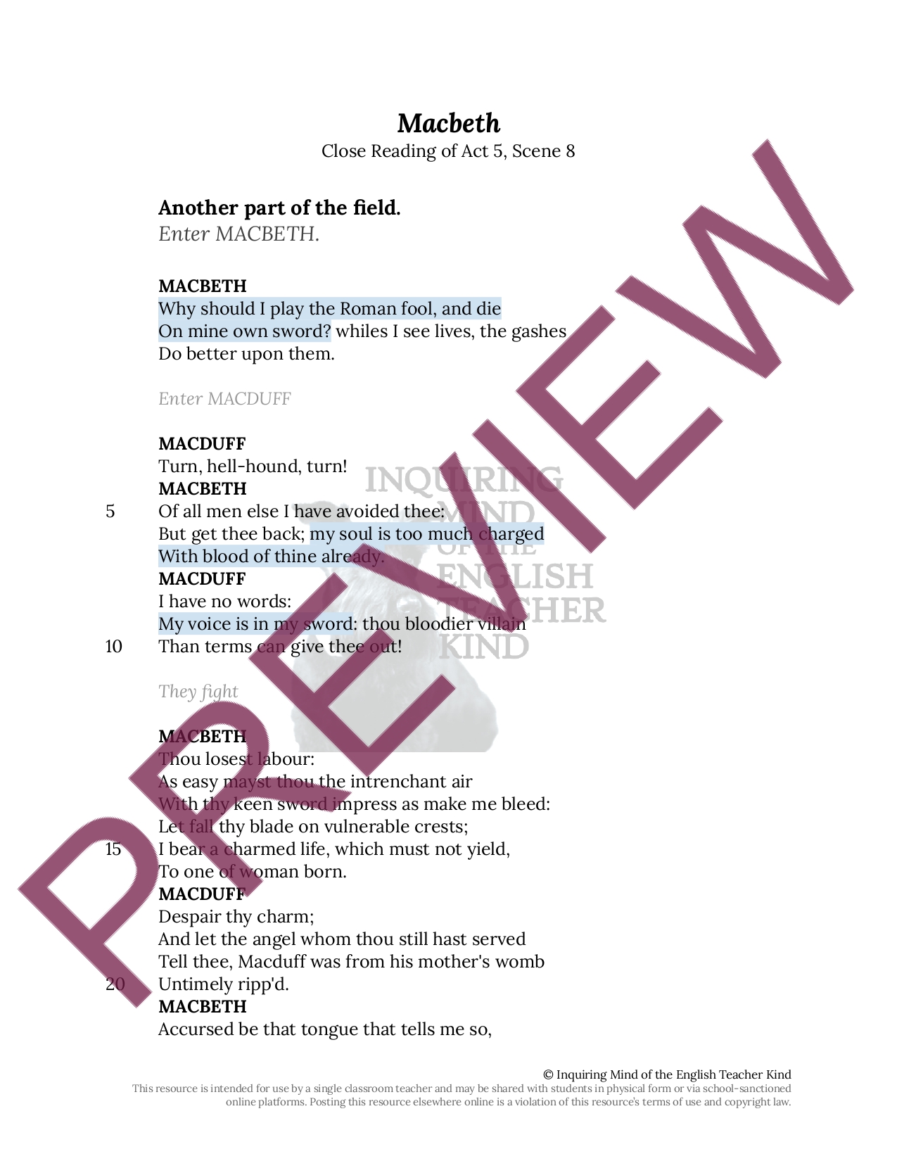 Macbeth Act 5 Scene 8 Close Reading Worksheet | Teaching Resources