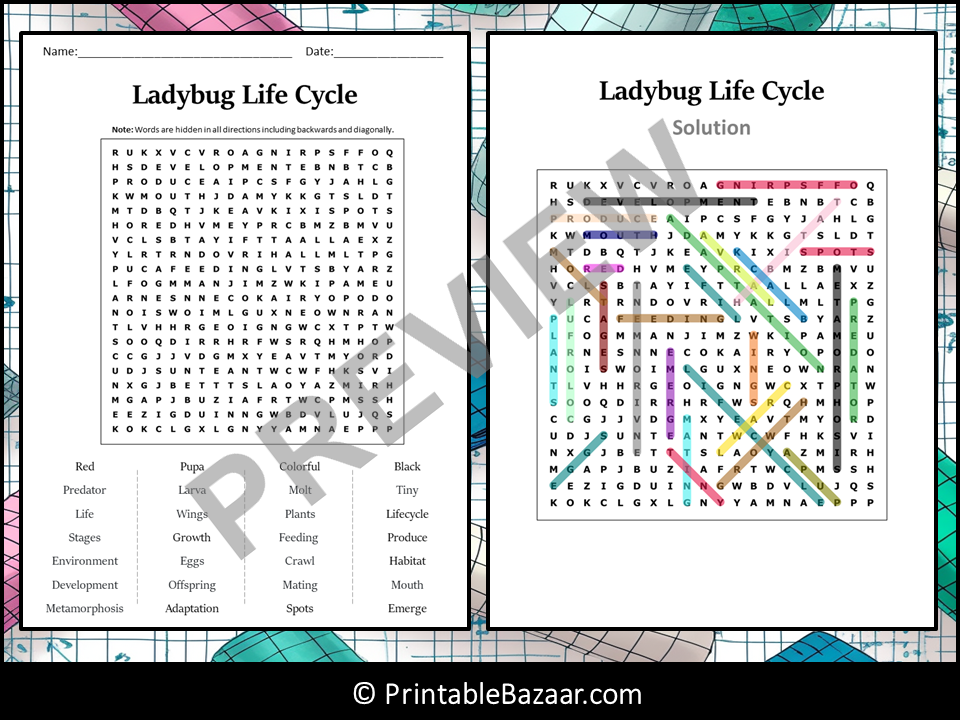 Ladybug Life Cycle Word Search Puzzle Worksheet Activity | Teaching ...
