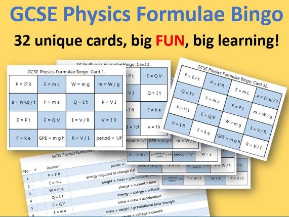 GCSE Physics Fomulae Bingo - FUN! | Teaching Resources