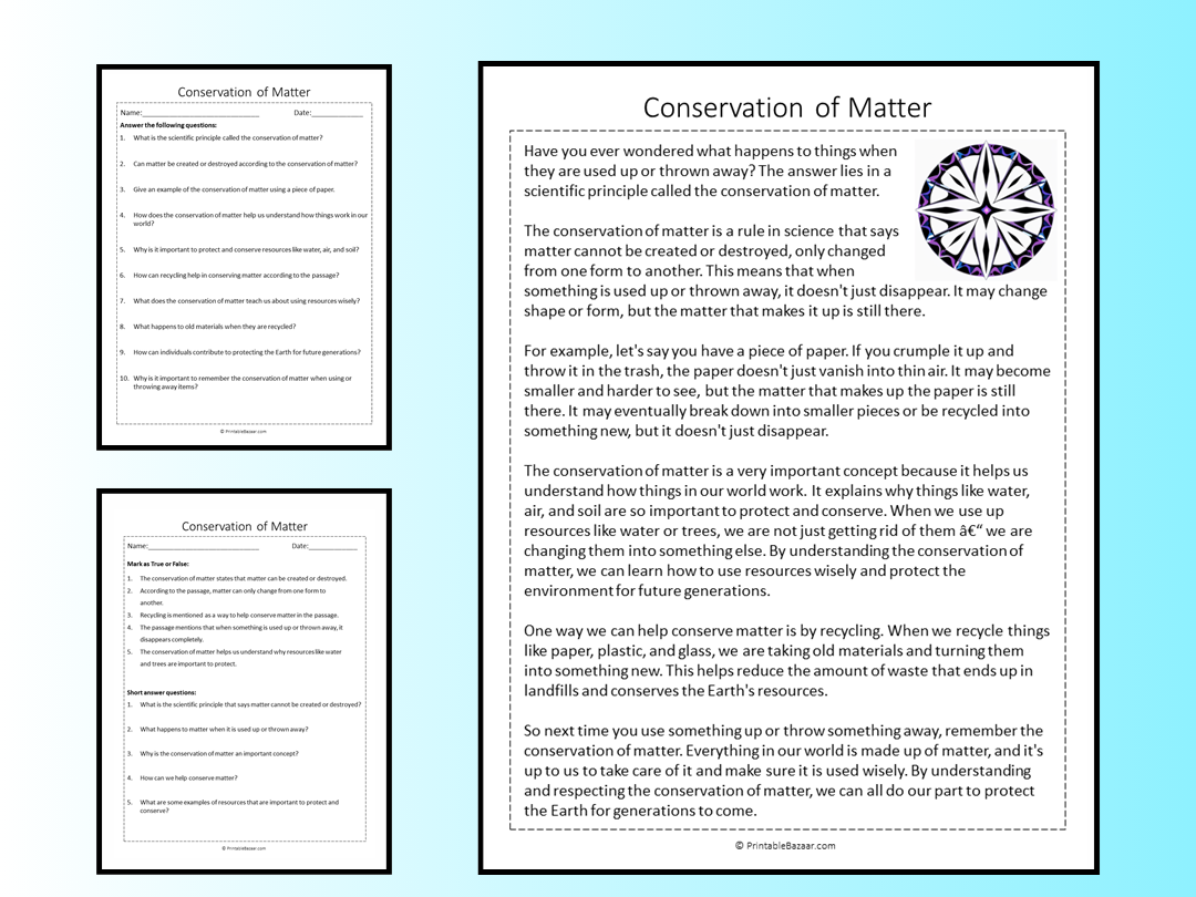 Conservation of Matter Reading Comprehension Passage Printable ...