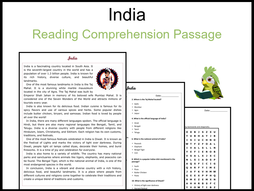 India Reading Comprehension and Word Search | Teaching Resources