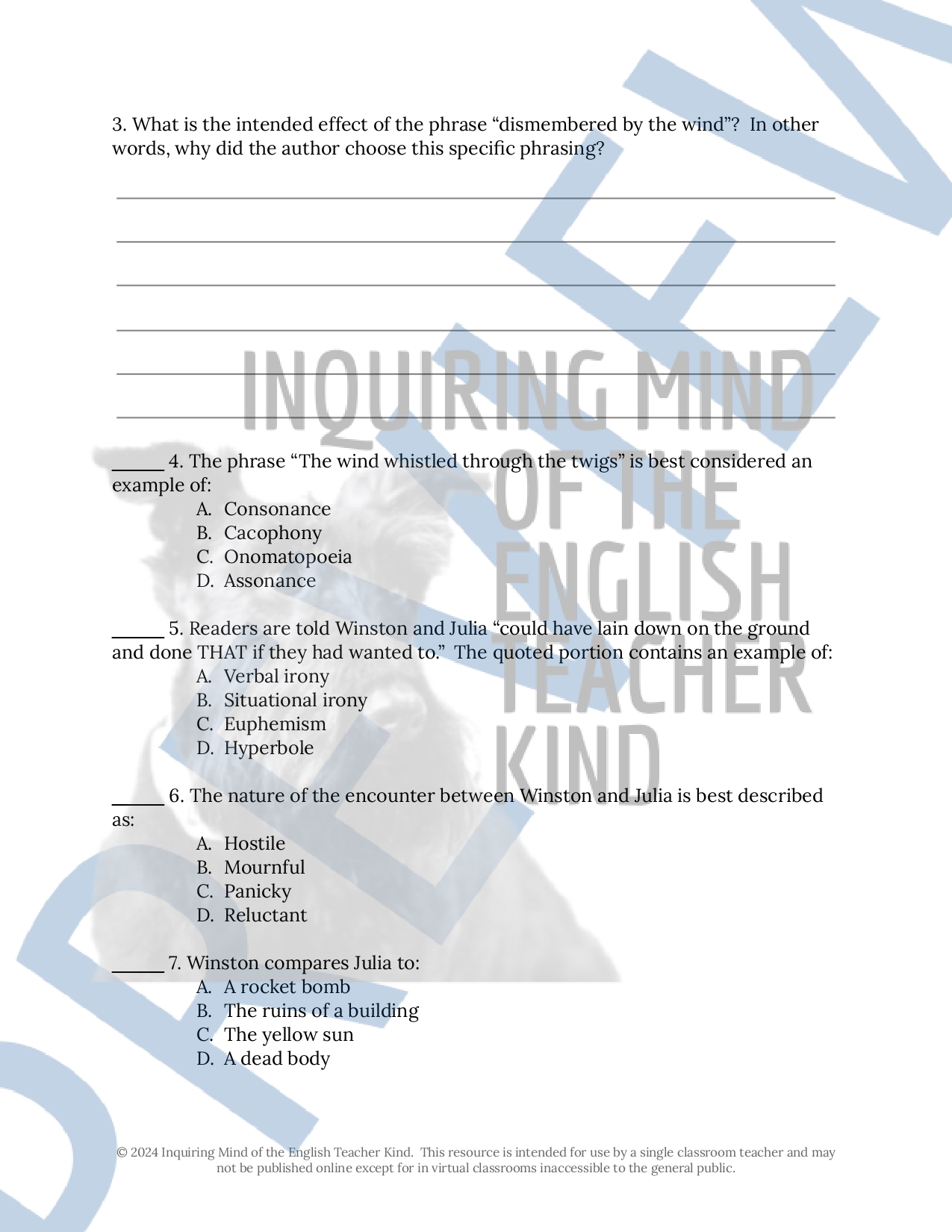 1984 Book 3 Chapter 6 Close Reading Worksheet | Teaching Resources