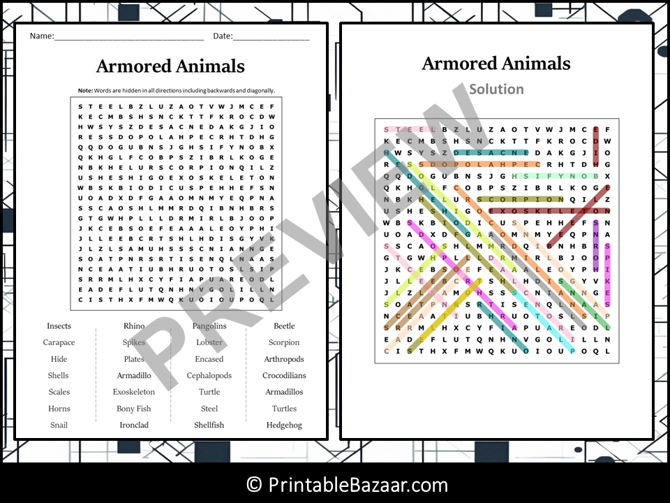 Armored Animals Word Search Puzzle Worksheet Activity | Teaching Resources
