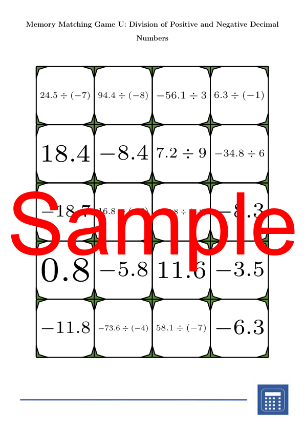 Memory Matching Game | Division of Positive and Negative Decimal ...