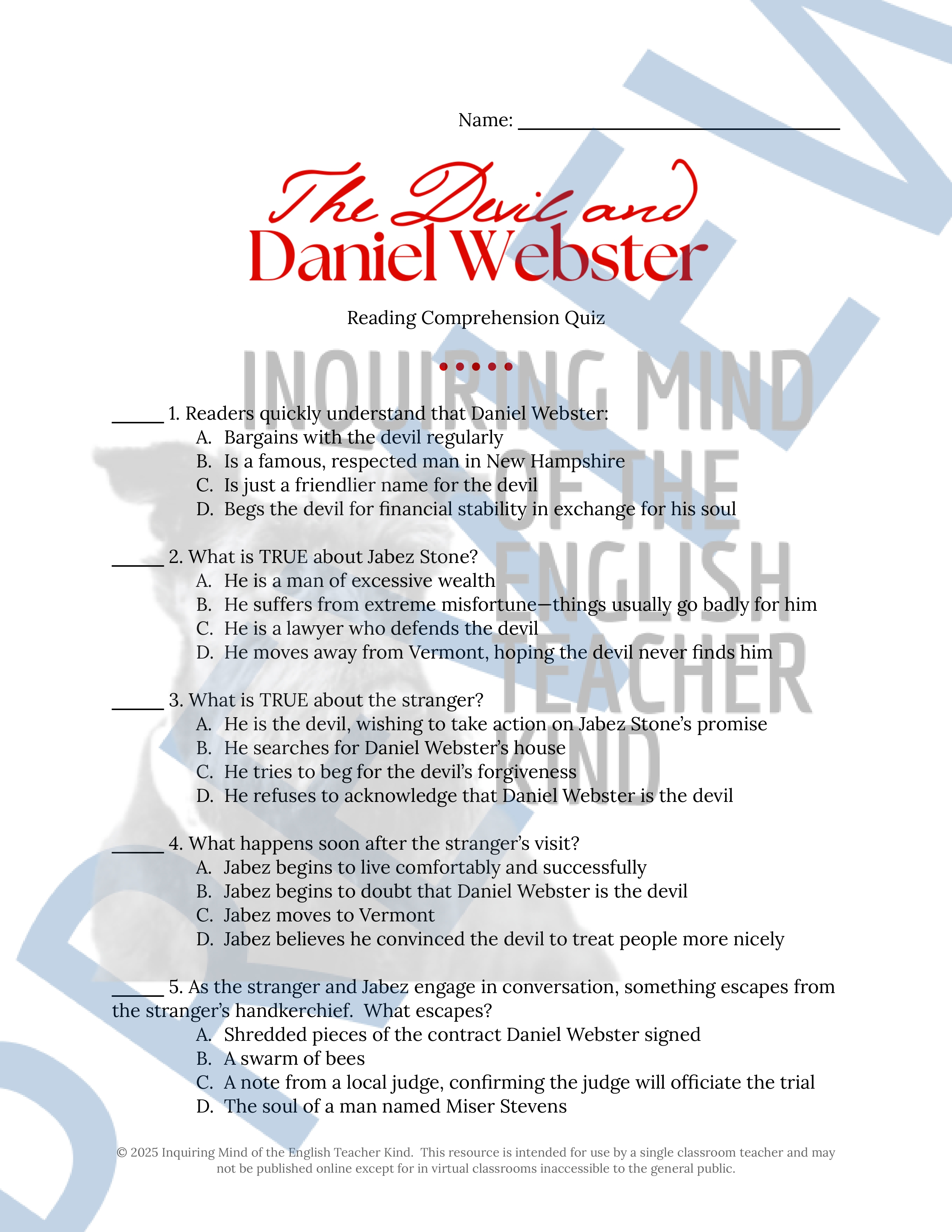 "The Devil and Daniel Webster" Quiz and Answer Key (Short Story for ...