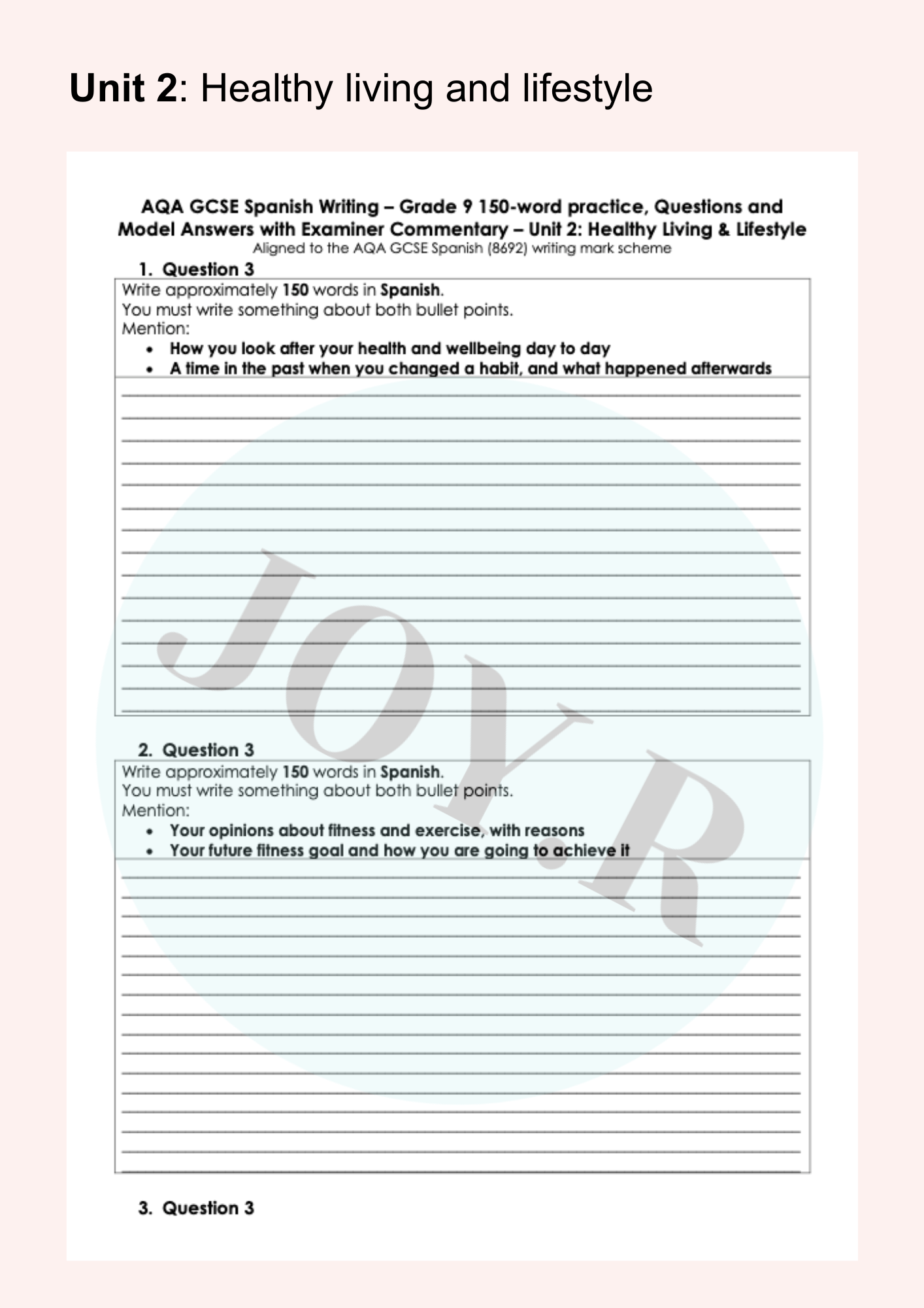 Unit 2: Healthy living and lifestyle- Higher 150 Word Writing Practice ...