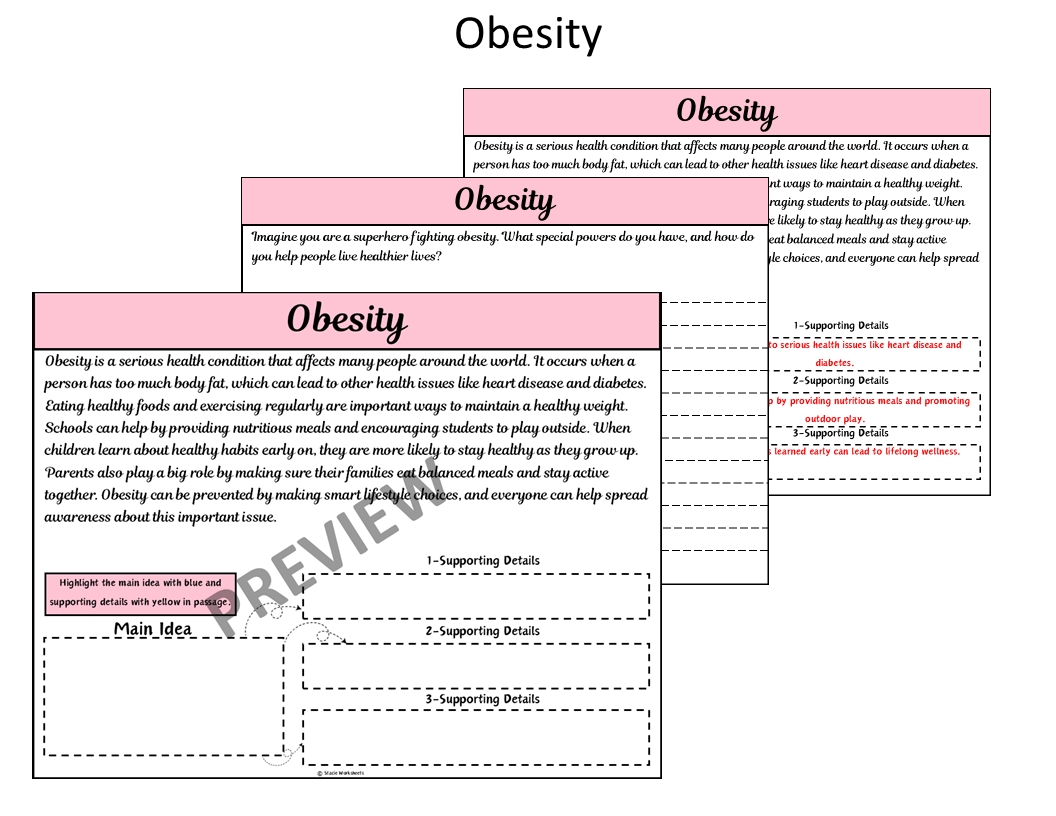 Obesity | Main Idea and Supporting Details Reading Passage and ...