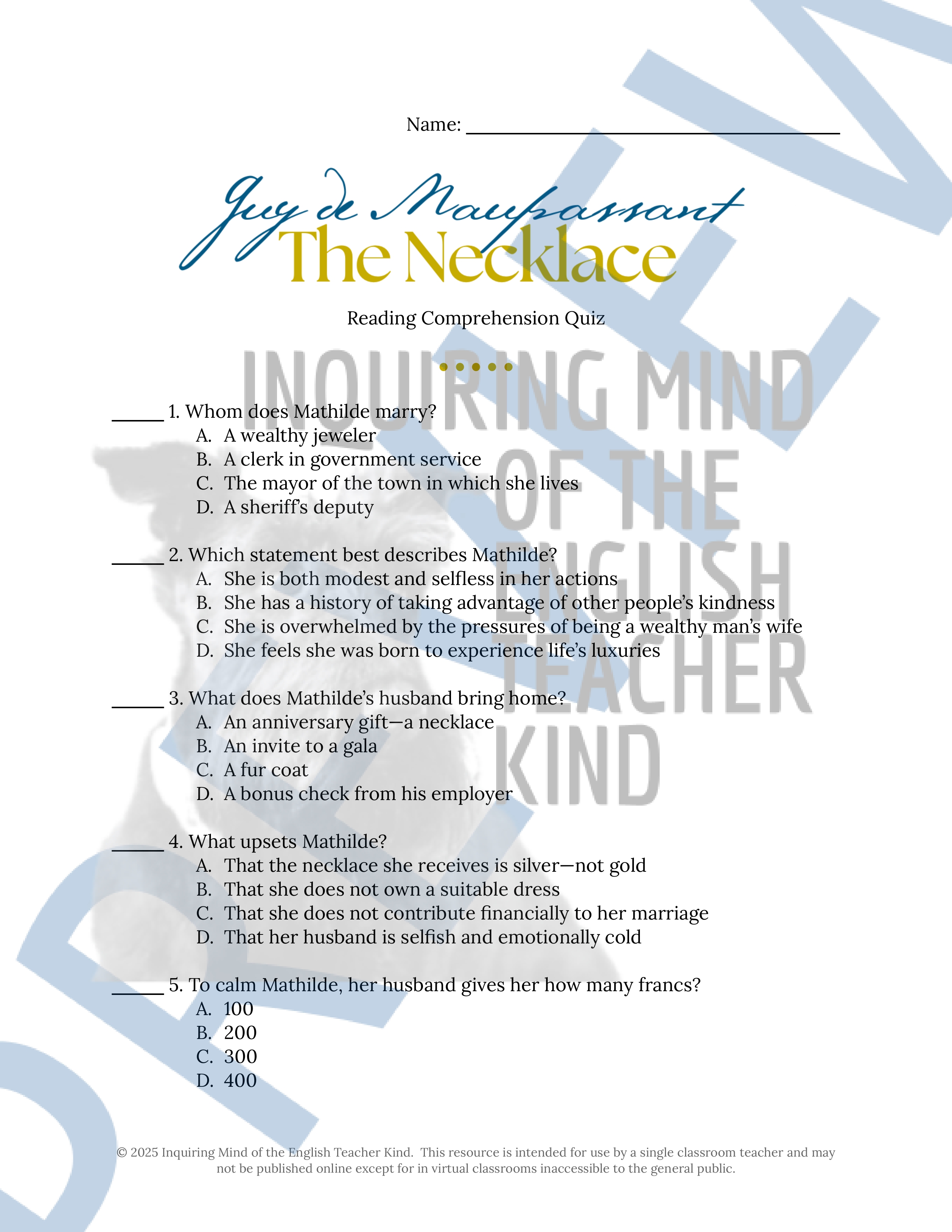 "The Necklace" by Guy de Maupassant Quiz and Answer Key | Teaching ...