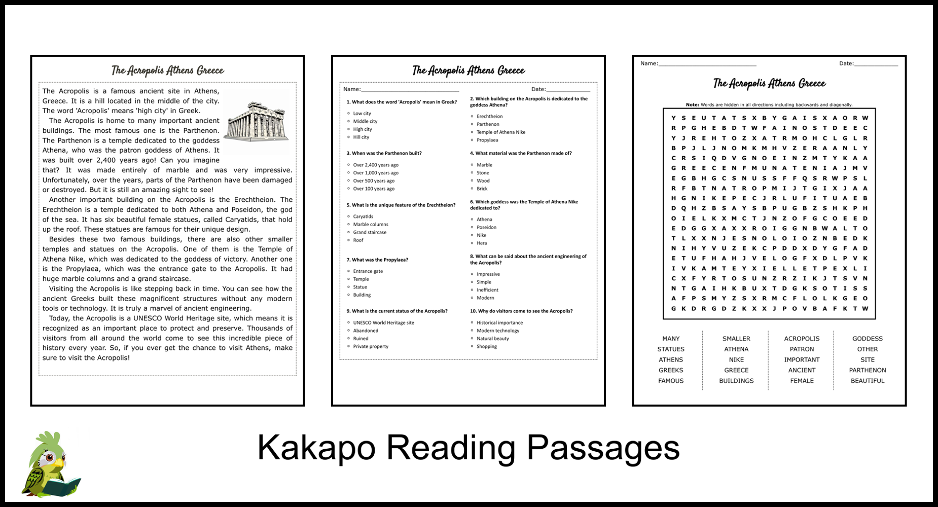 The Acropolis Athens Greece Reading Comprehension and Word Search ...