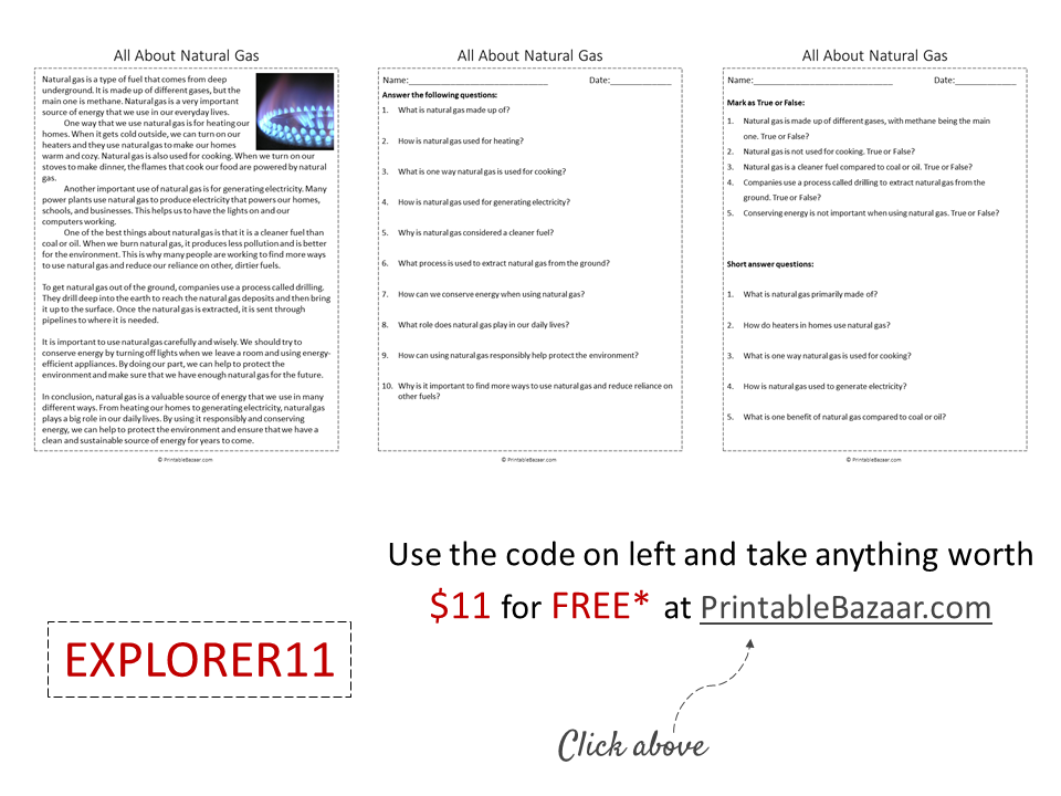 All About Natural Gas Reading Comprehension Passage Printable Worksheet ...