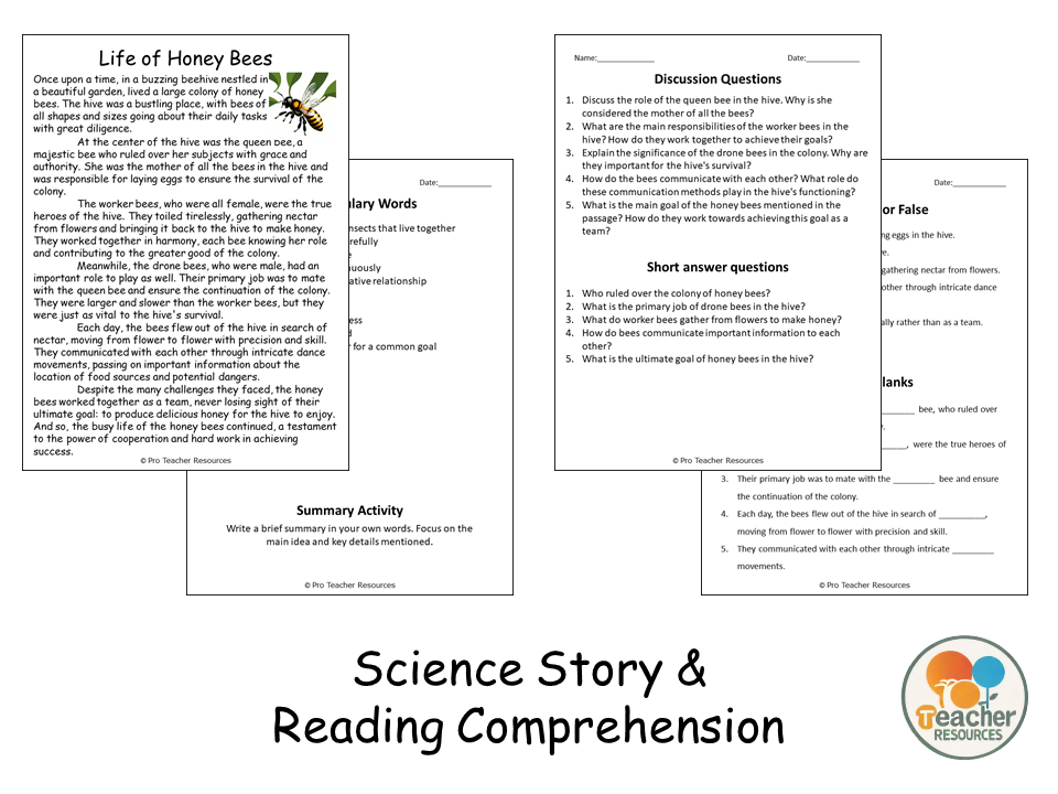 Life of Honey Bees Reading Science Story Comprehension Questions ...