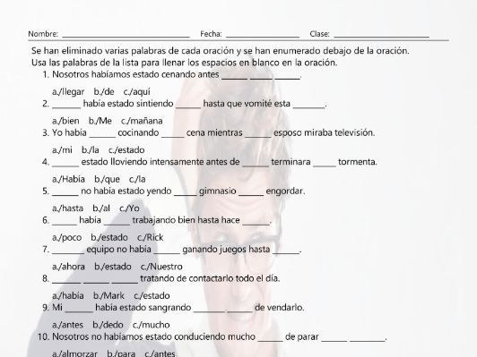 Past Perfect Continuous Tense Missing Words Spanish Worksheet ...