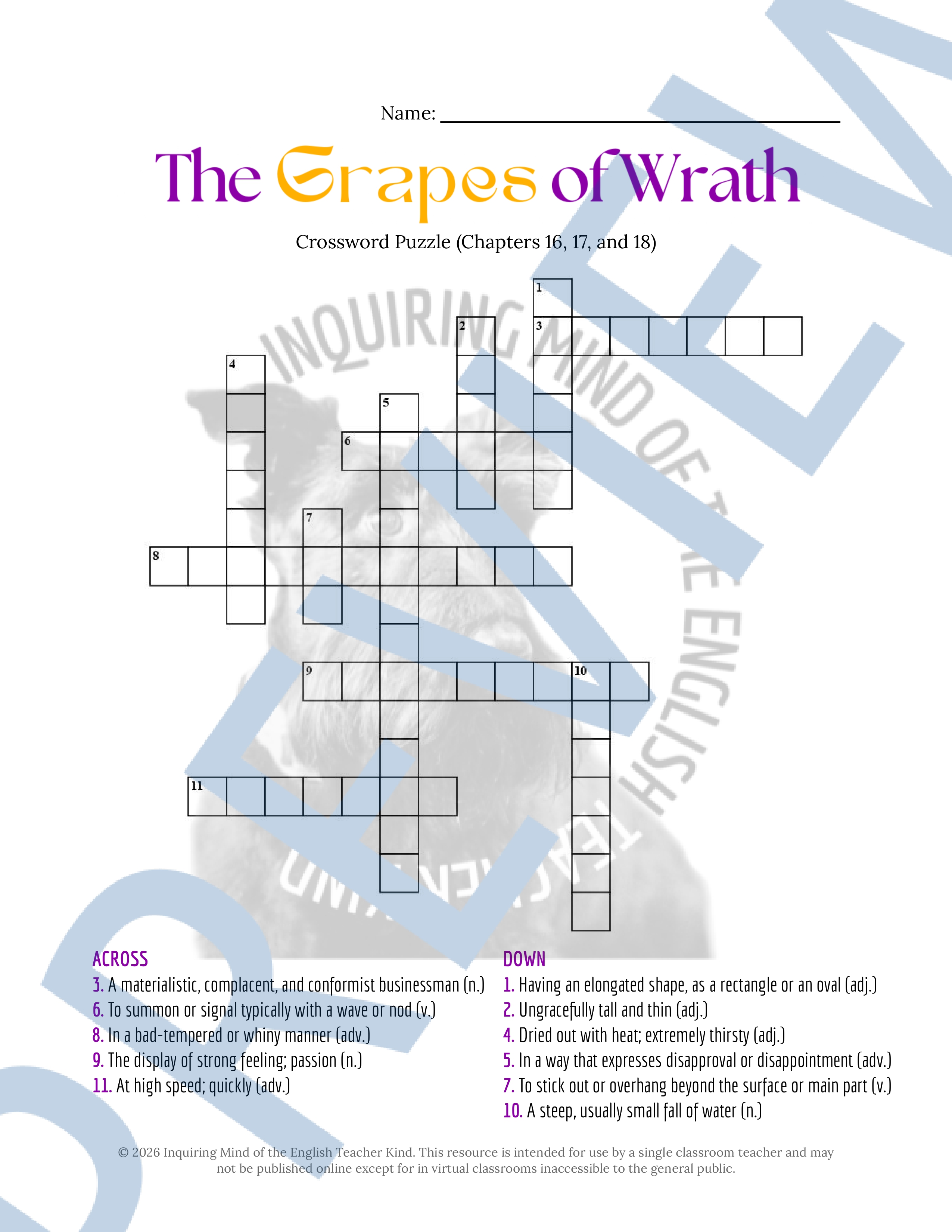 The Grapes of Wrath Chapters 16, 17 & 18 Vocabulary Worksheet ...