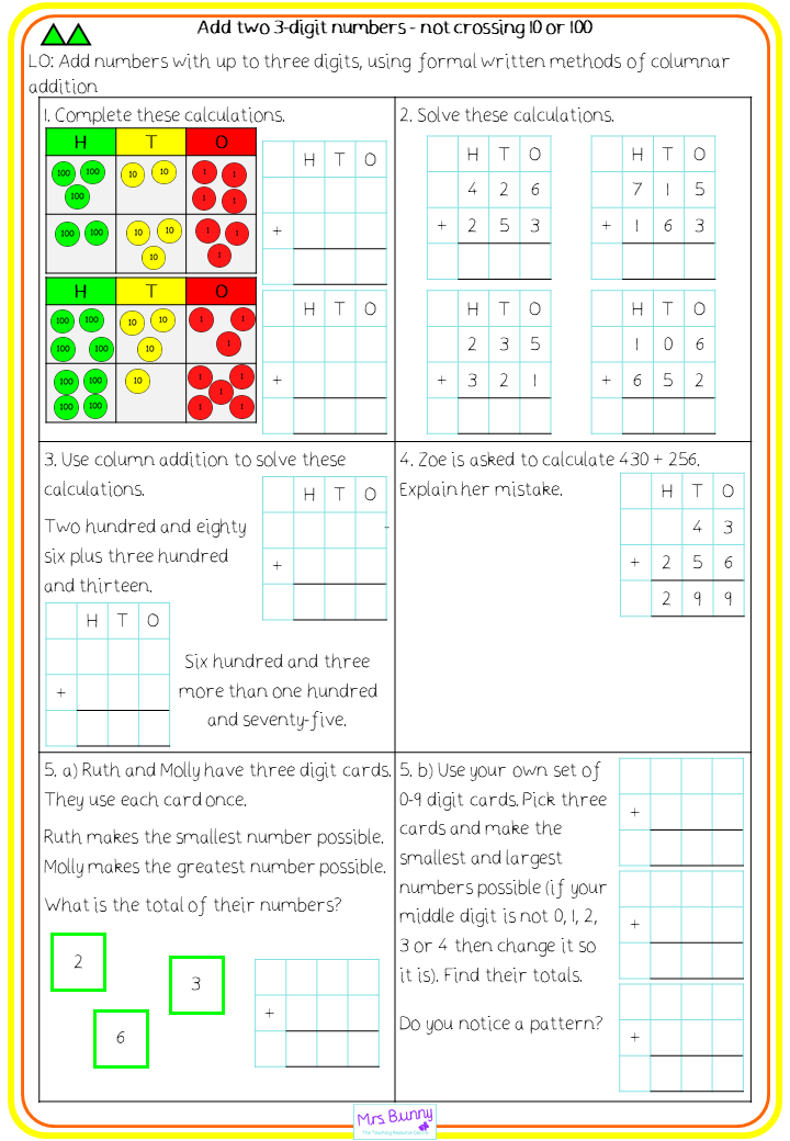 Add Two 3 digit Numbers Not Crossing 10 Or 100 Worksheets Year 3