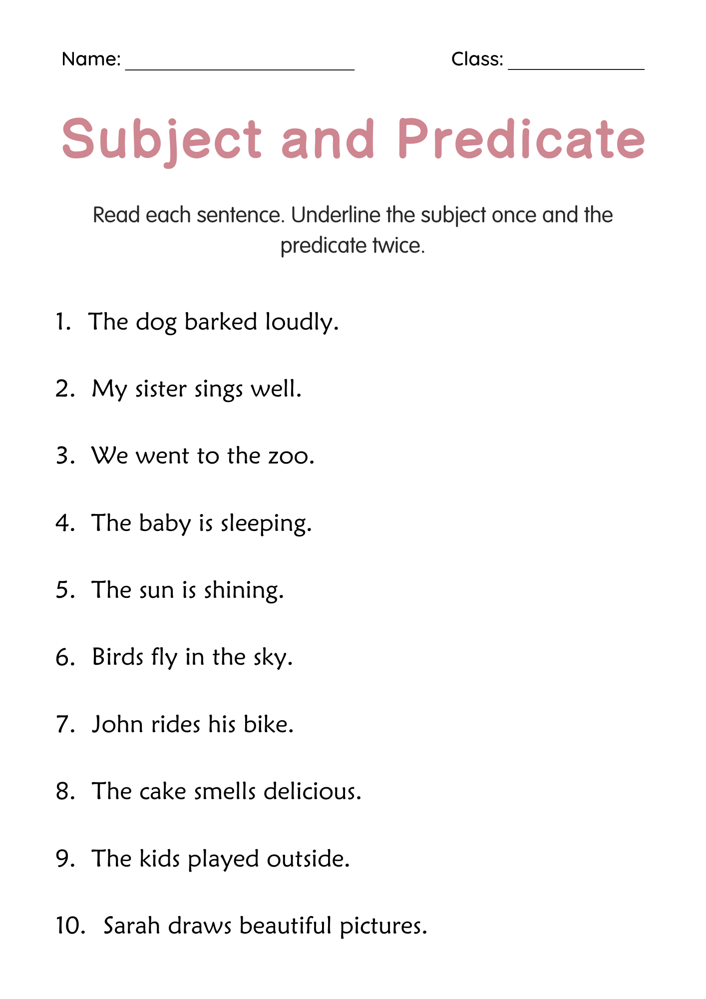 Subjects and Predicates - Sentence Structure Grammar Worksheet for ...
