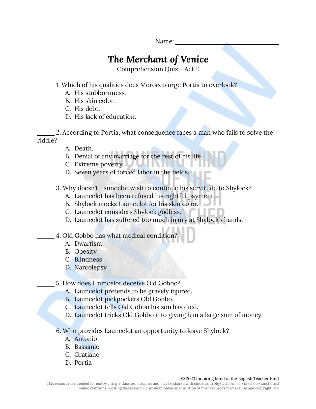 The Merchant of Venice Act 2 Quiz and Answer Key | Teaching Resources