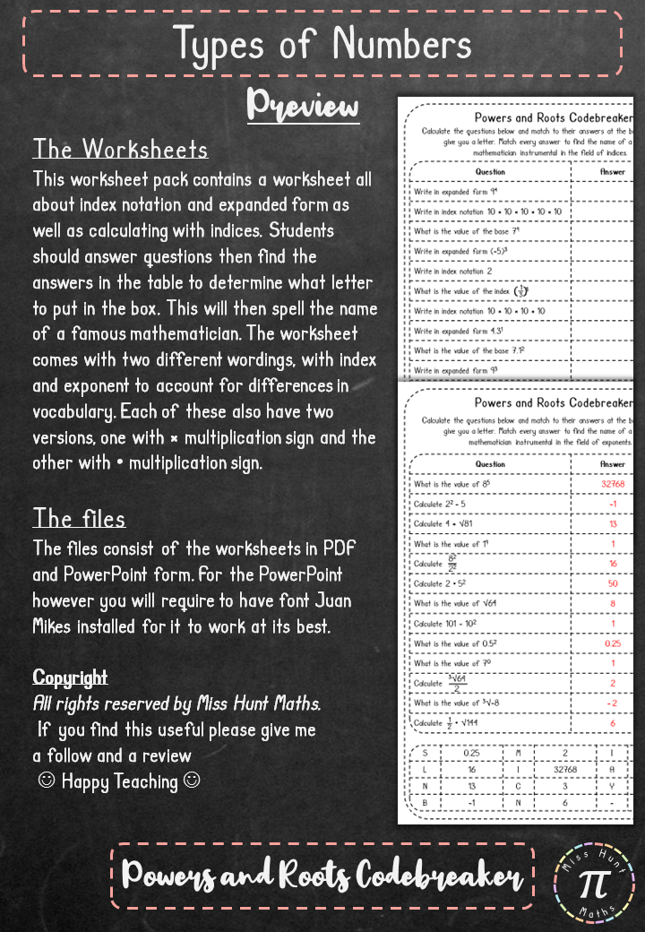 Types Of Numbers Powers And Roots Codebreaker Teaching Resources