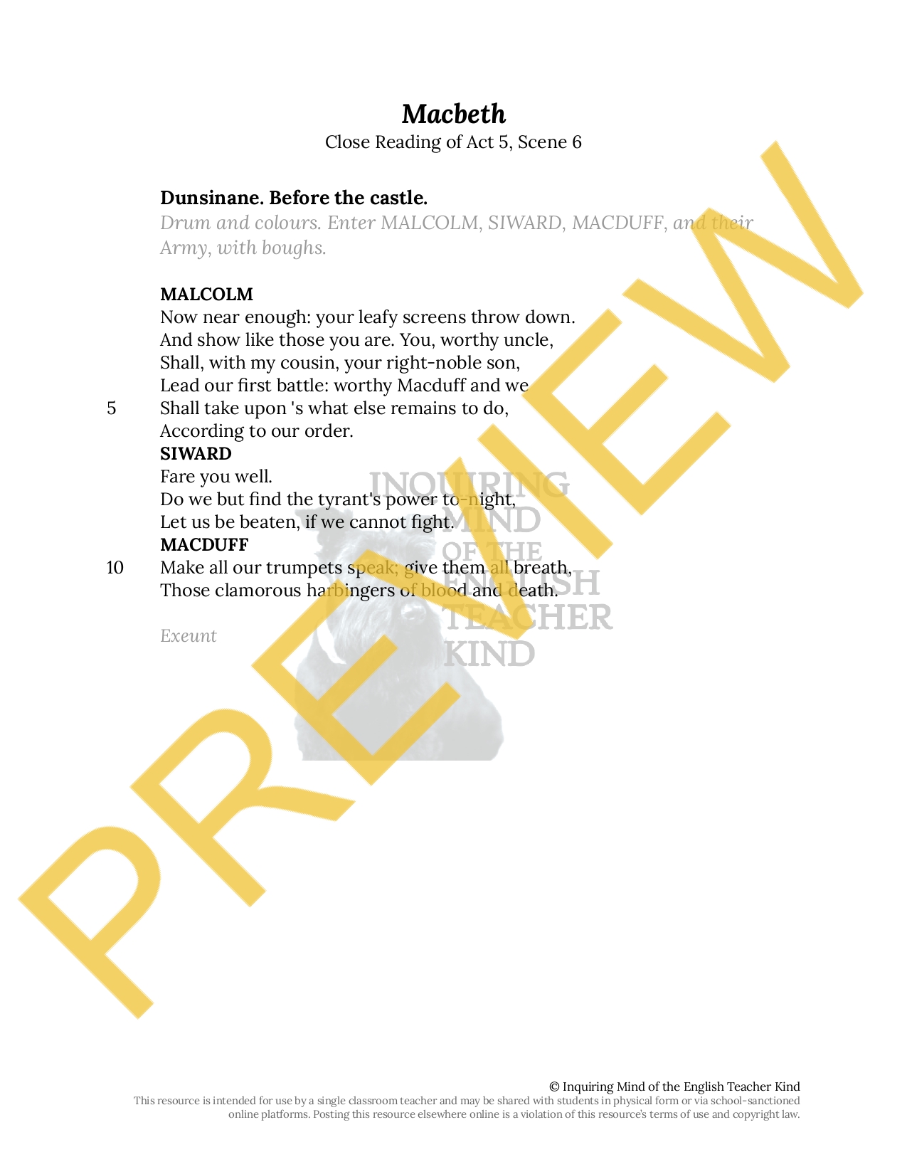 Macbeth Act 5 Scene 6 Close Reading Worksheet | Teaching Resources