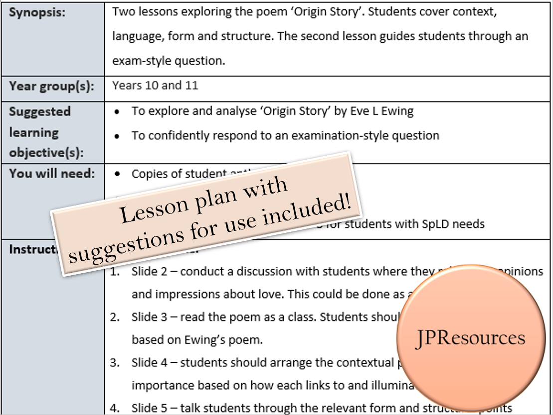 Origin Story - New Eduqas Poetry Anthology - Two GCSE Lessons ...